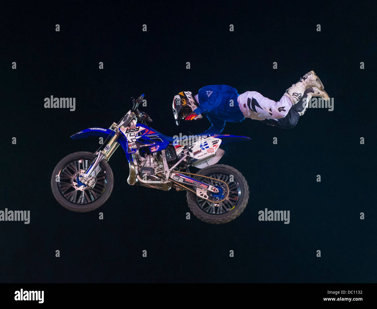 Unidentified rider giving FMX motocross demonstration as part of the ...