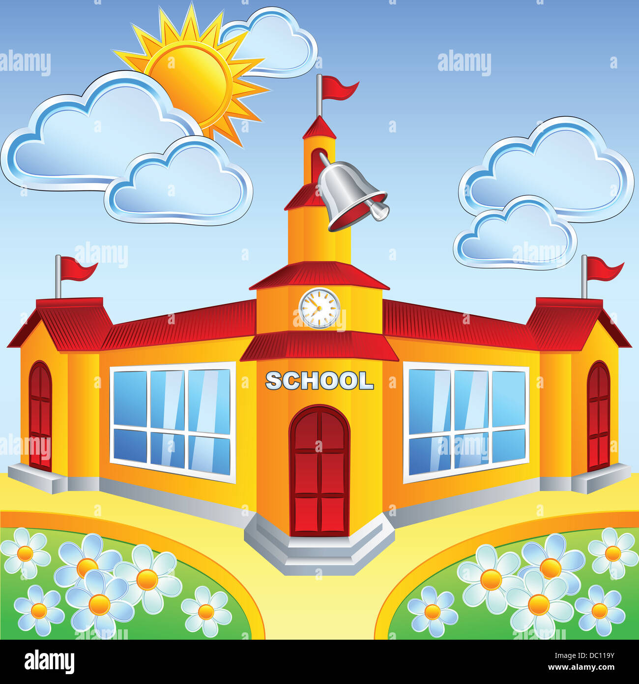 Vector cartoon school building on a sunny day, rings a bell Stock Photo ...