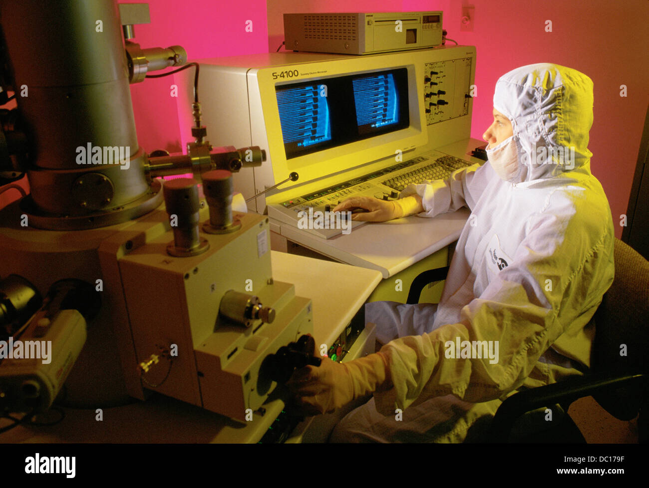 Computer chip manufacturing. Electron microscope clean room. California ...