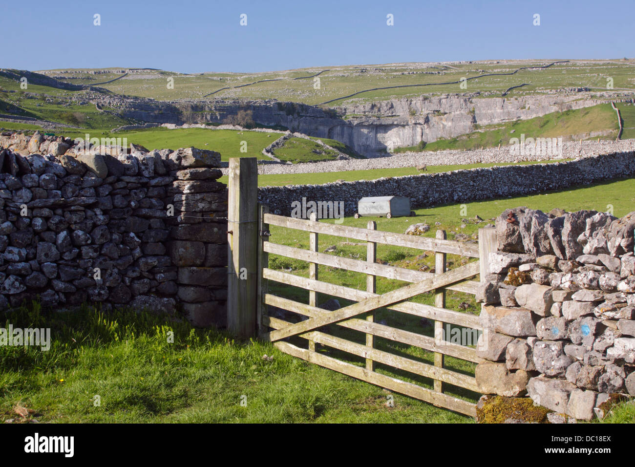 Malham landscape including gate and Malham Cove in background ...