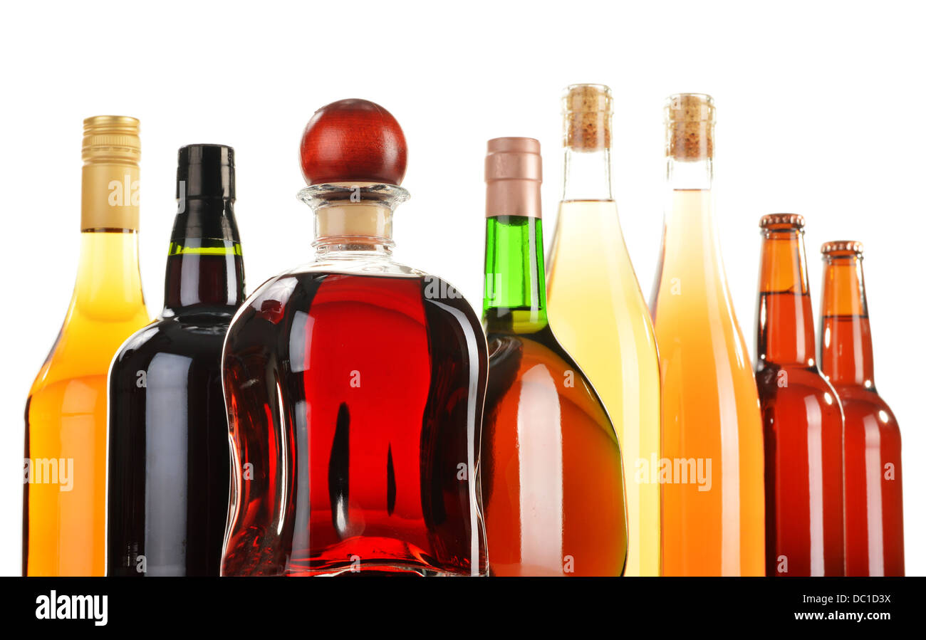 Assorted alcoholic beverages isolated on white background Stock Photo ...