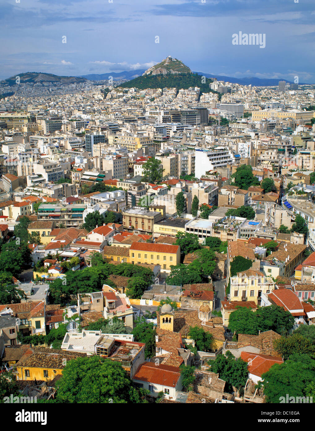 Plaka district and Likavitos hill. Athens. Greece Stock Photo - Alamy