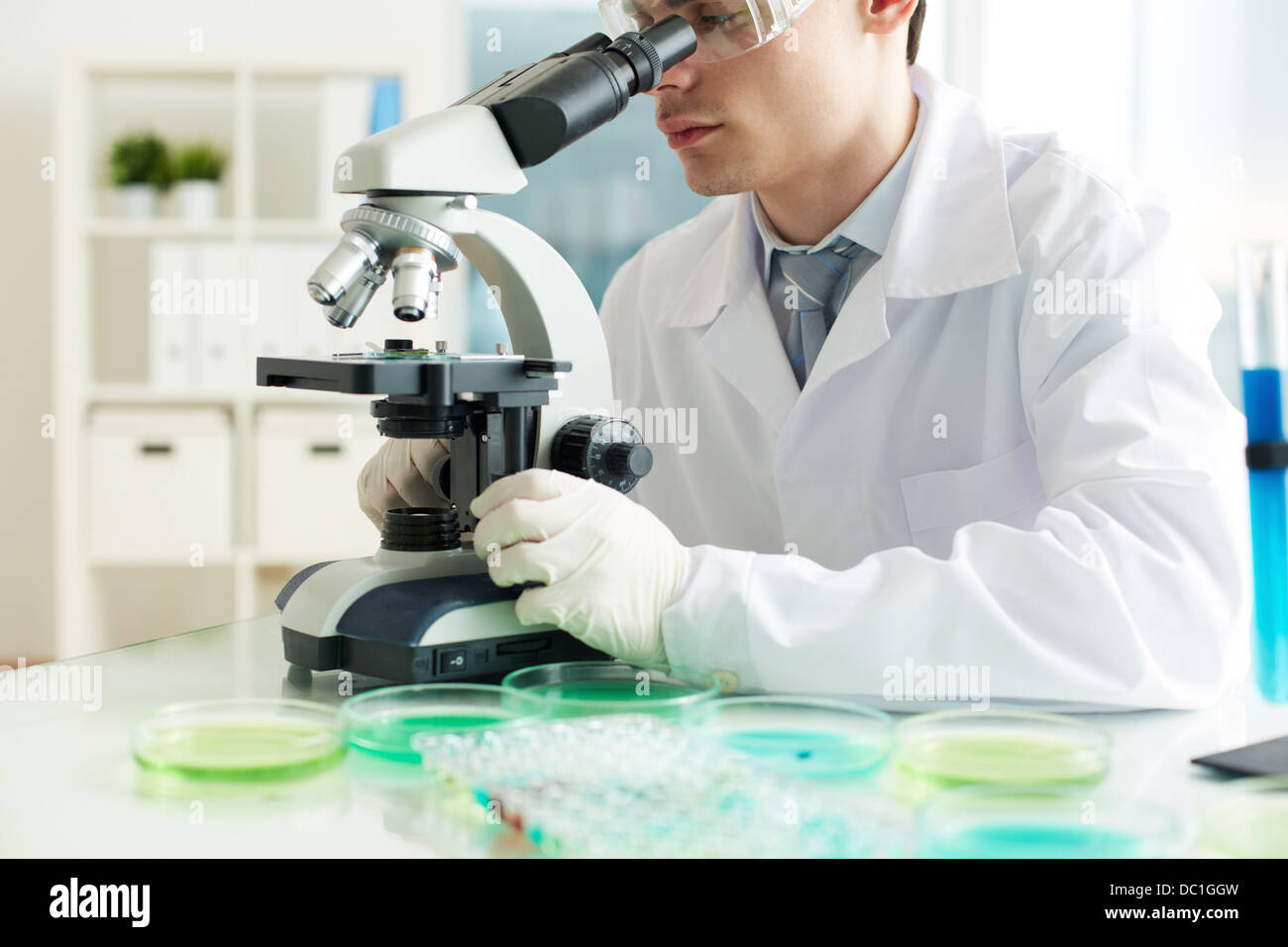 Serious clinician looking into microscope in laboratory Stock Photo - Alamy