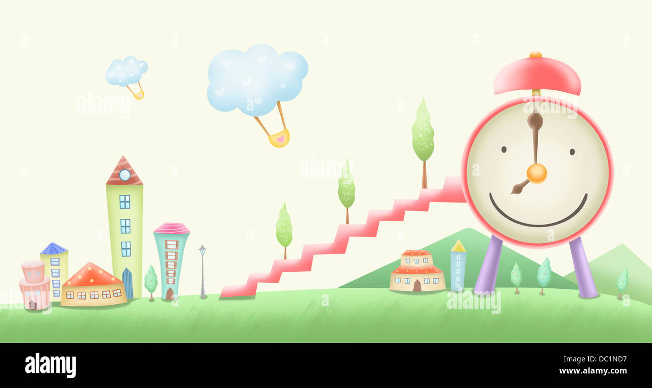 illustration of a land featuring a clock Stock Photo - Alamy