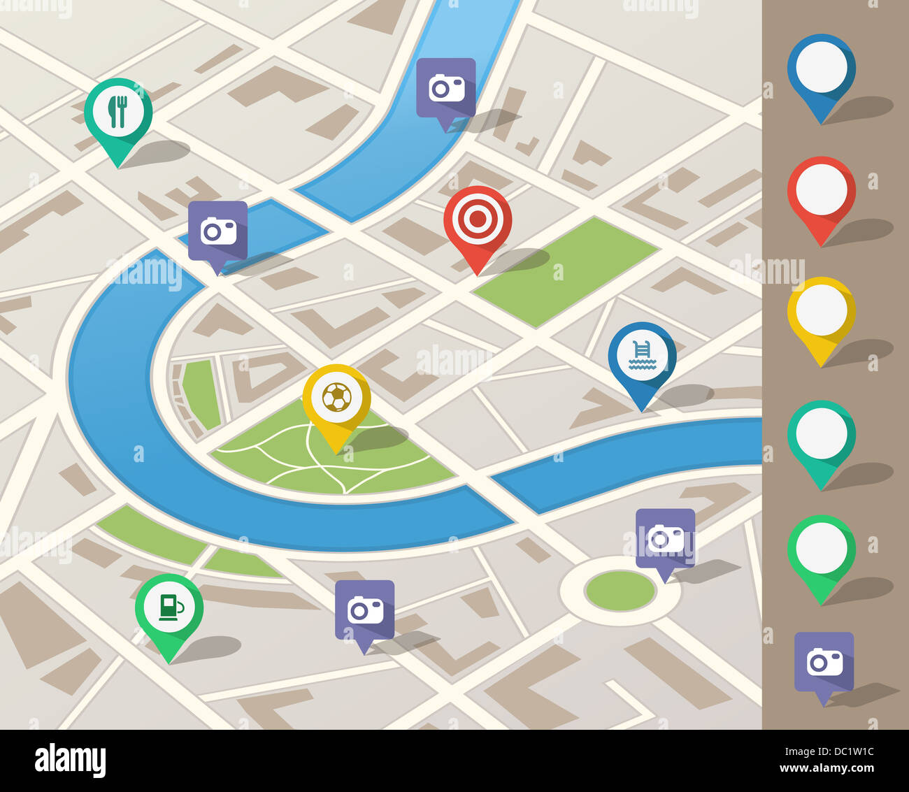 city map illustration containing various location pins Stock Photo - Alamy