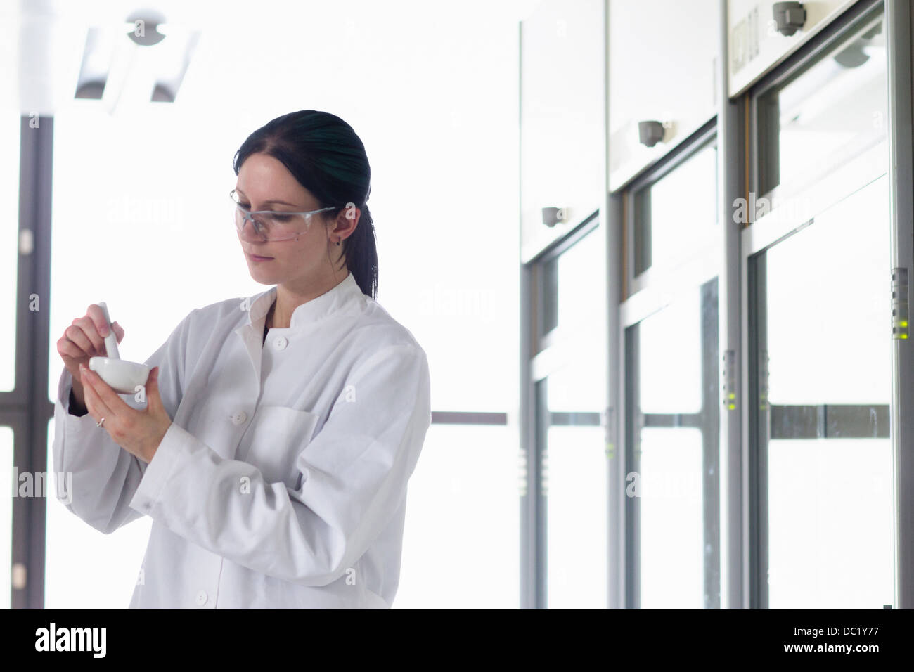 Female scientist grinding sample in mortar and pestle Stock Photo - Alamy