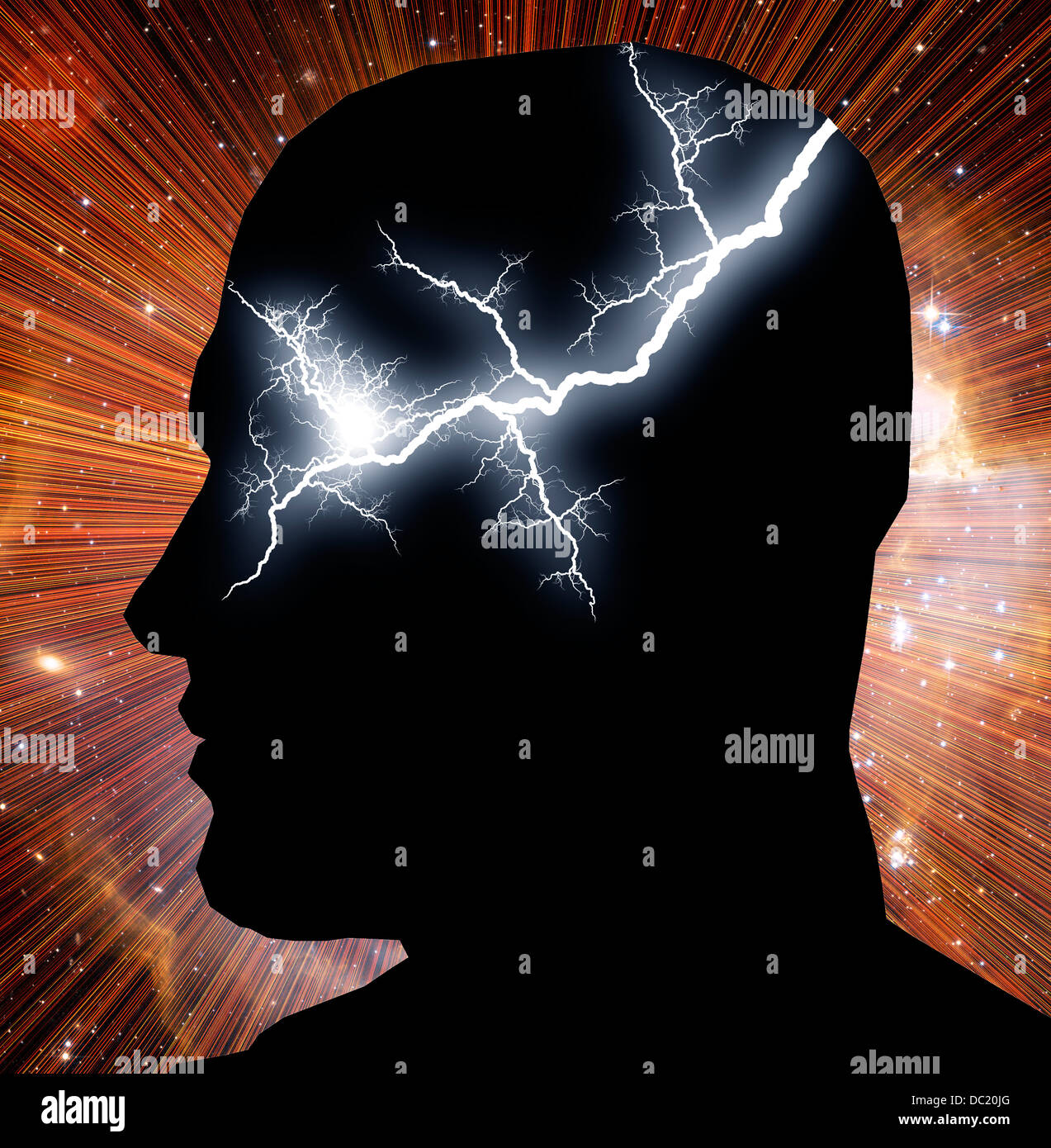 computer generated robot male head with lightning bolt and explosion ...