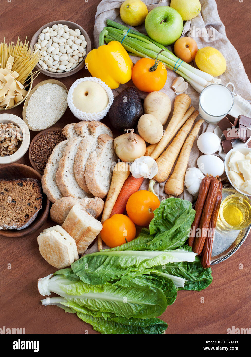 Still life of fresh foods on table Stock Photo - Alamy
