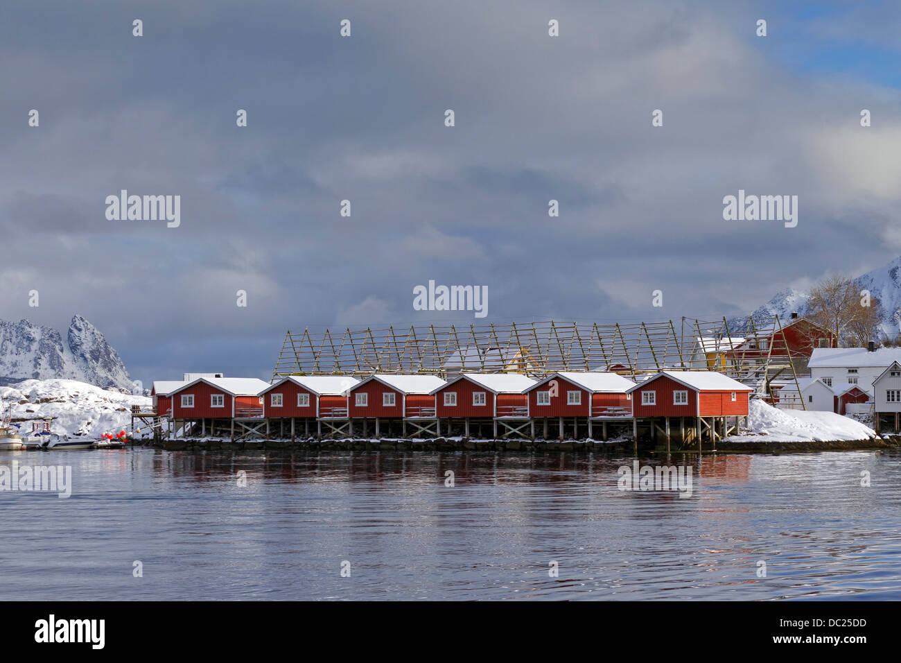 Rorbuer cottages in harbour at Svolvaer / Svolvær in snow in winter ...