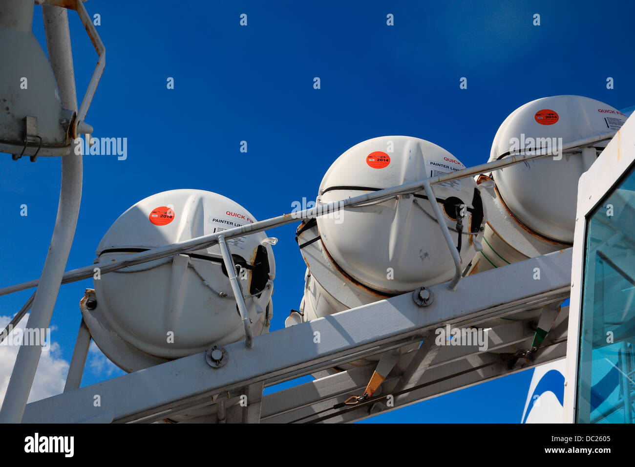 Inflatable life boats in containers on BC Ferries Stock Photo - Alamy