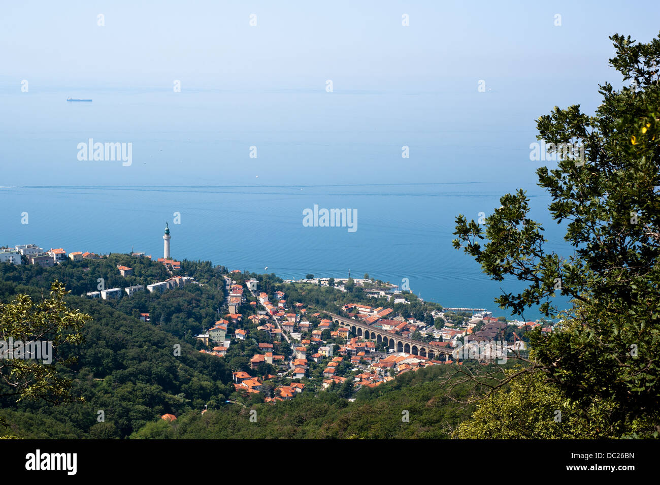 Trieste coastline with its famous lighthouse and the railway bridge ...