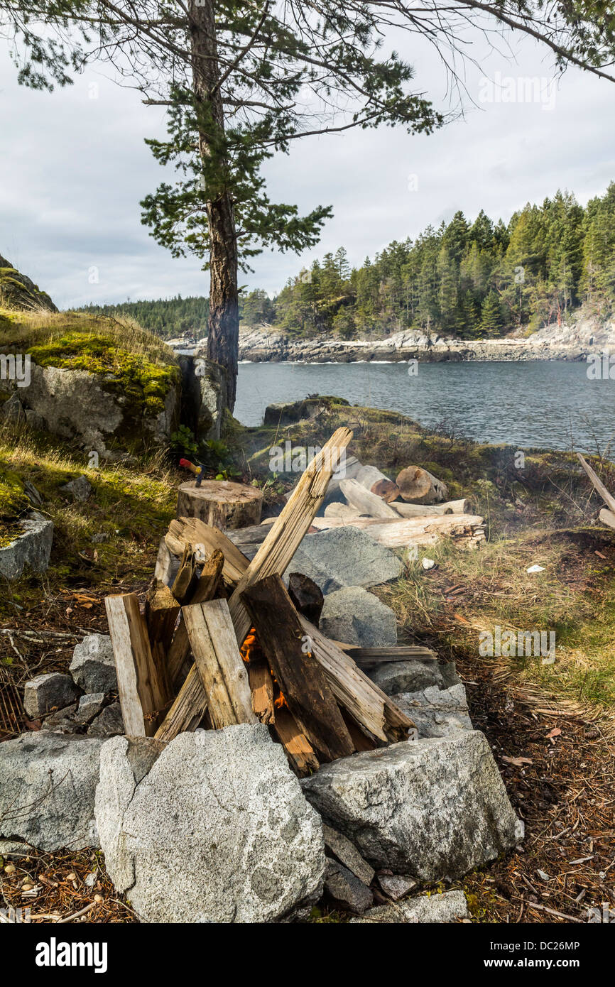 Campfire on an island off the Sunshine Coast of British Colombia ...
