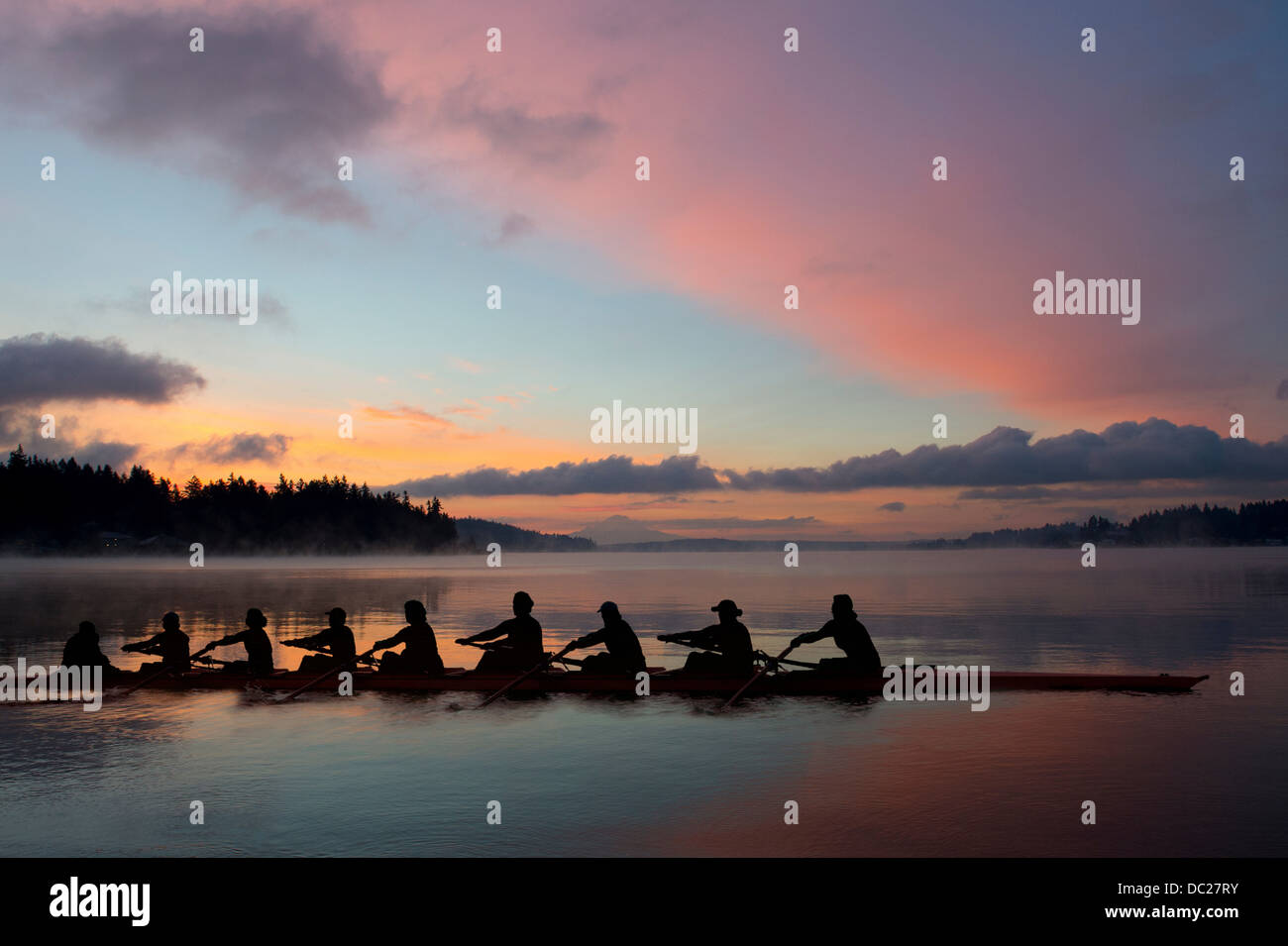 Nine people rowing at sunset Stock Photo - Alamy