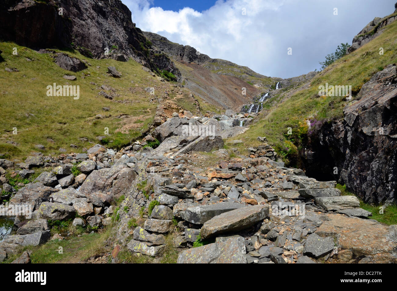 Mine waste tips and a mine entrance below Levers Water in Copper Mines ...