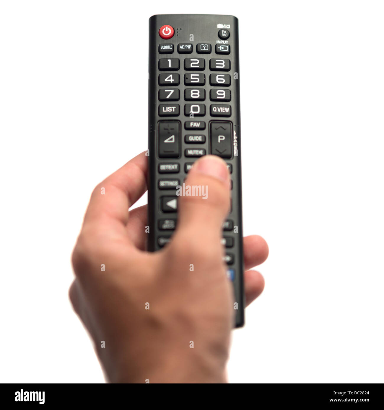 Point of view photo of hand holding remote control isolated on white ...