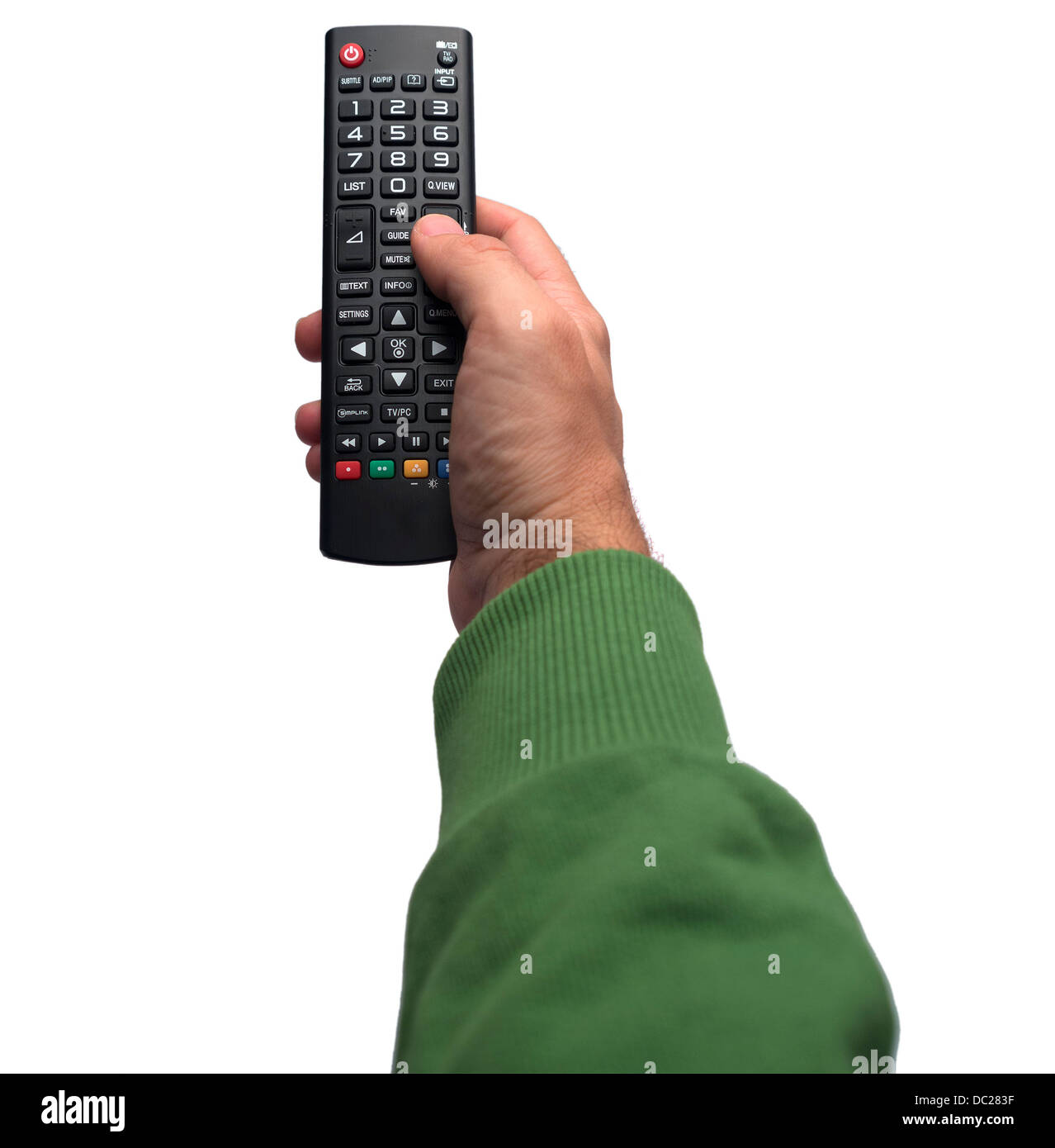 Point of view photo of hand holding remote control isolated on white ...
