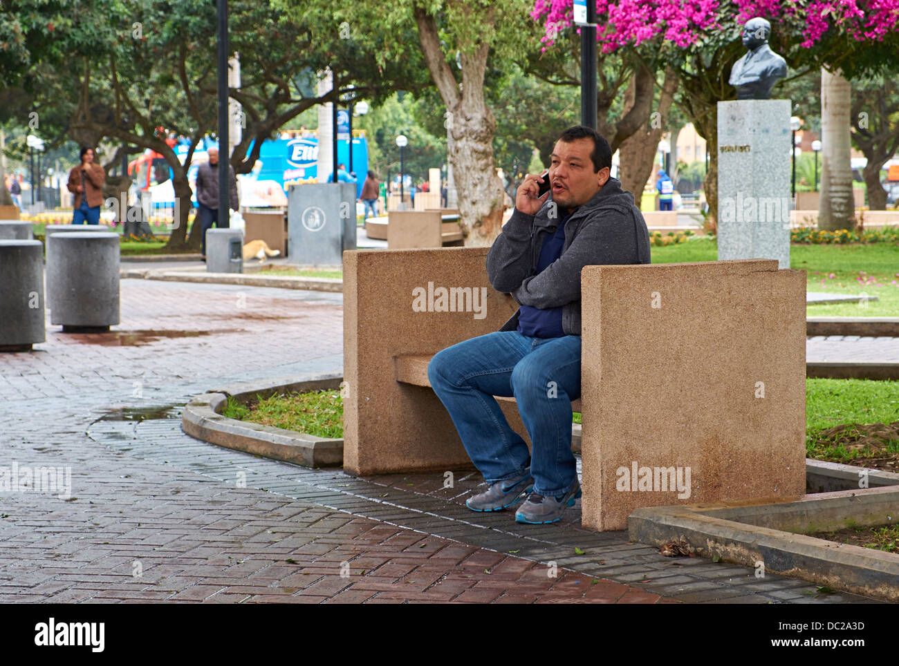 A man sitting down talking on a mobile phone in a Miraflores park in ...