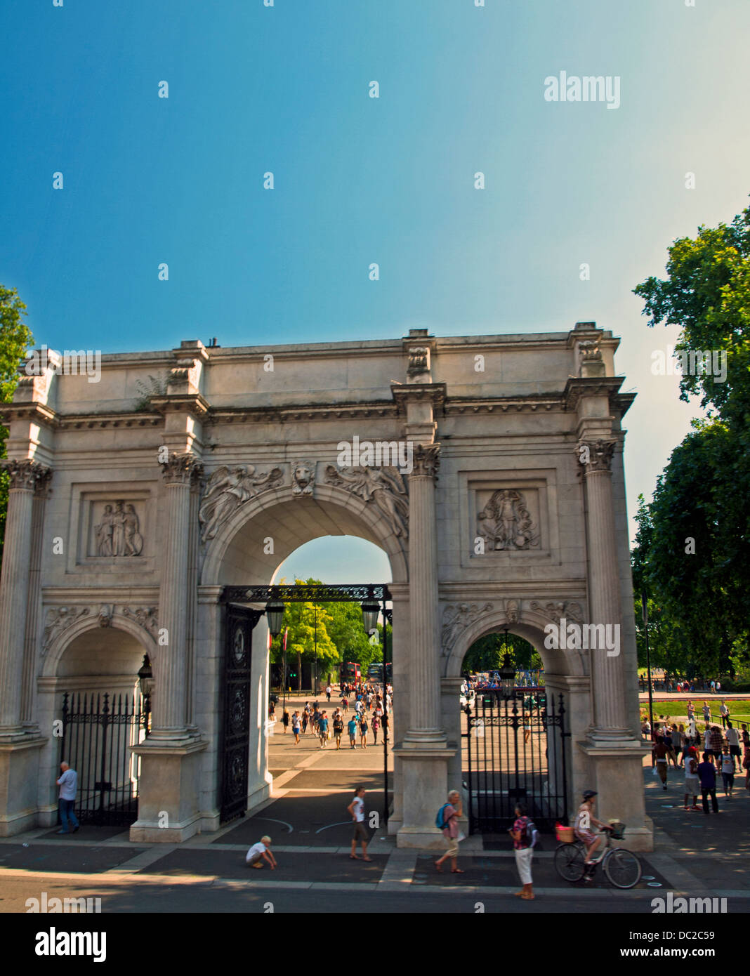 View of Marble Arch, a monument that stands on a traffic island at the ...