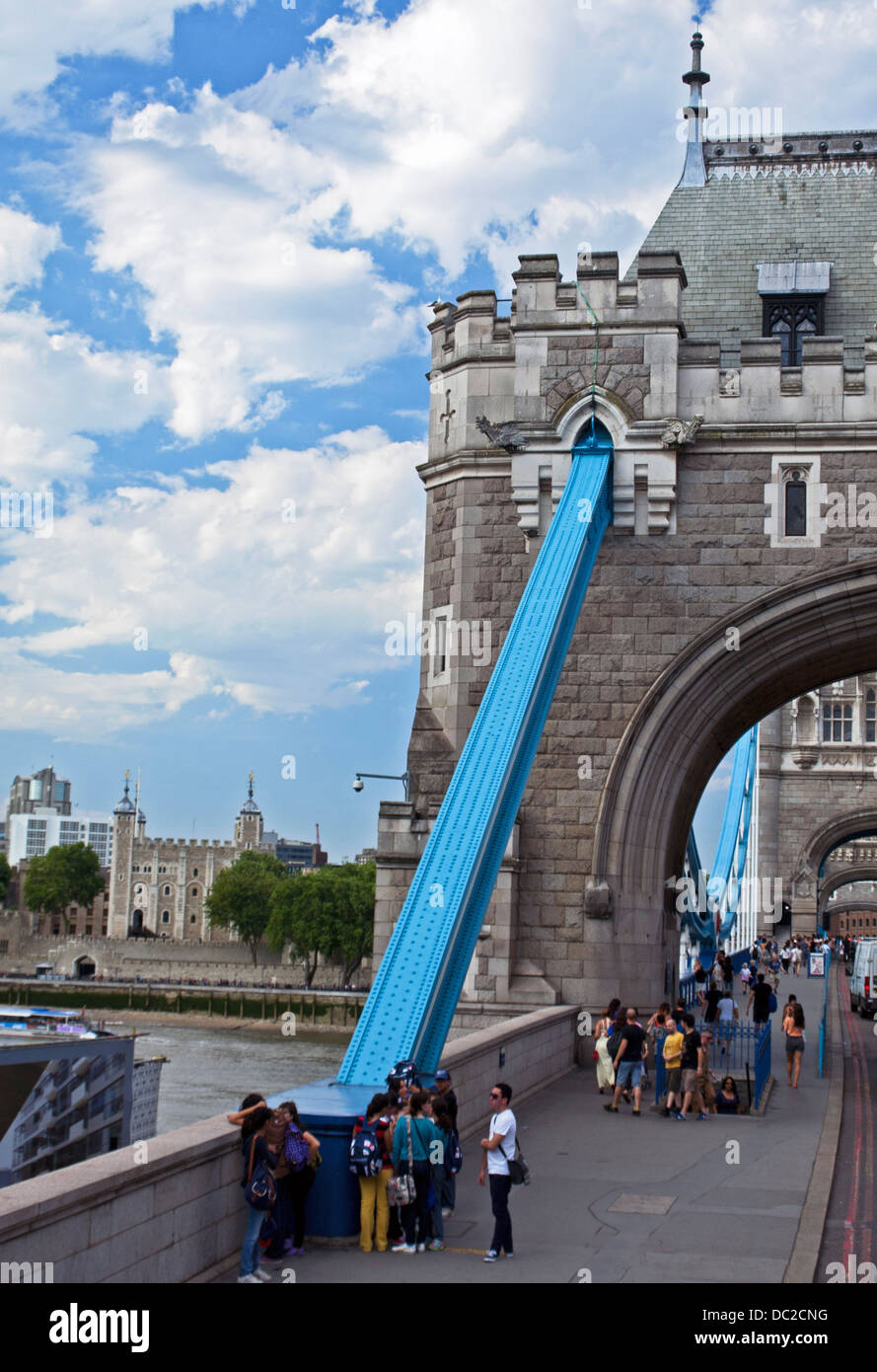 Detail of Tower Bridge showing the Tower of London in distance, London ...