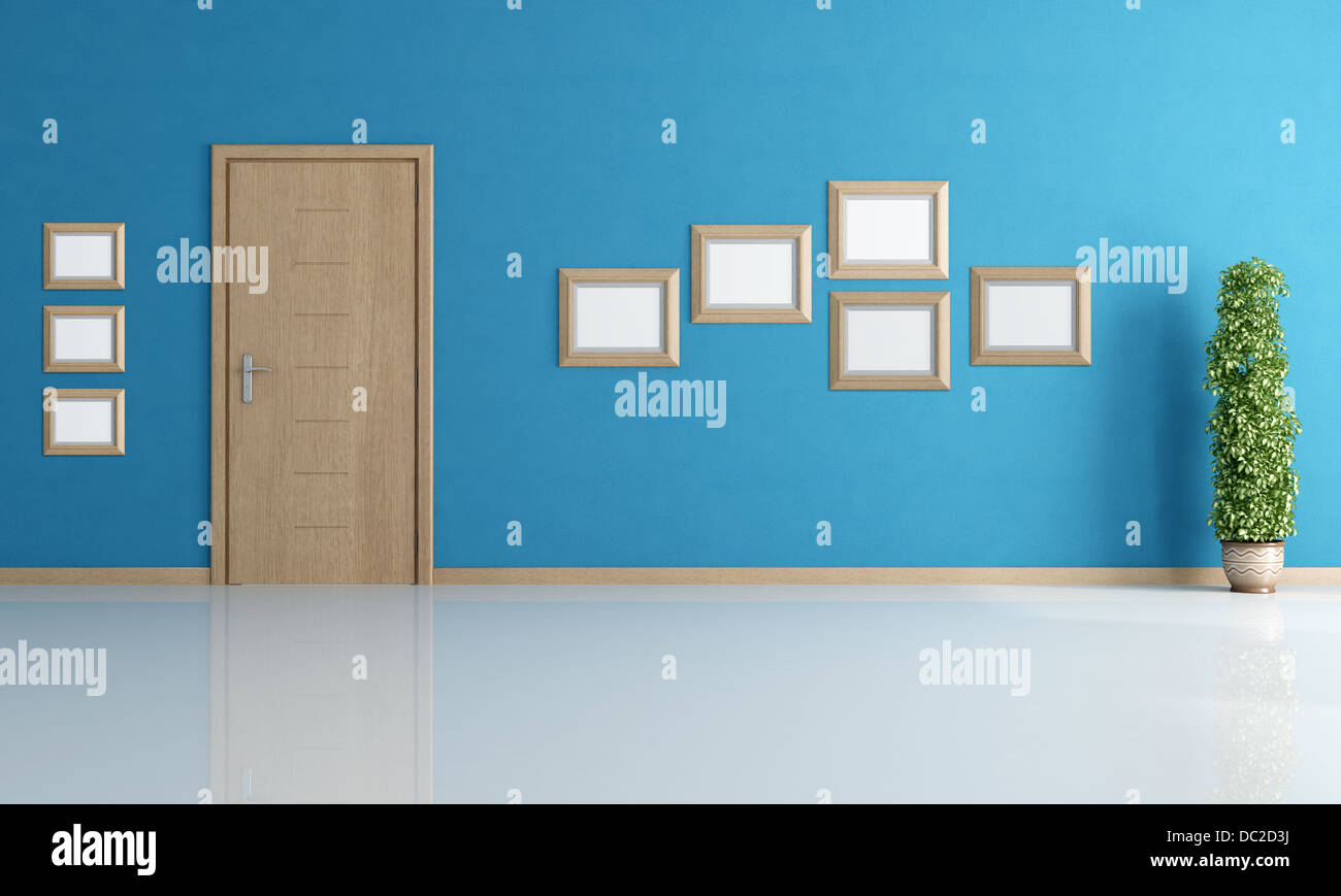 empty blue interior with wooden modern door and empty frame - rendering ...