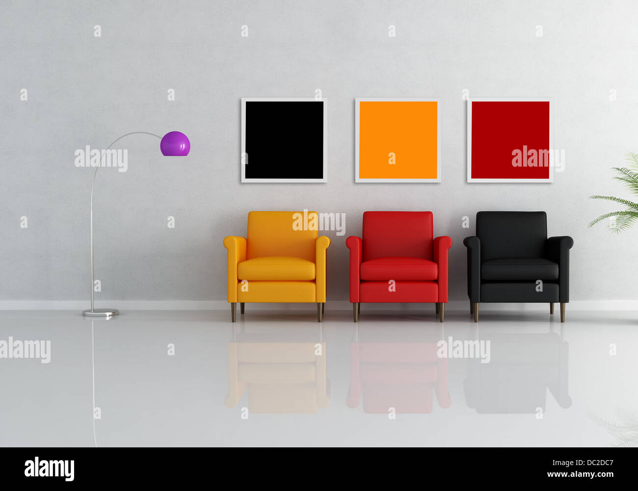 three colored armchair in a minimalist living room - rendering Stock ...