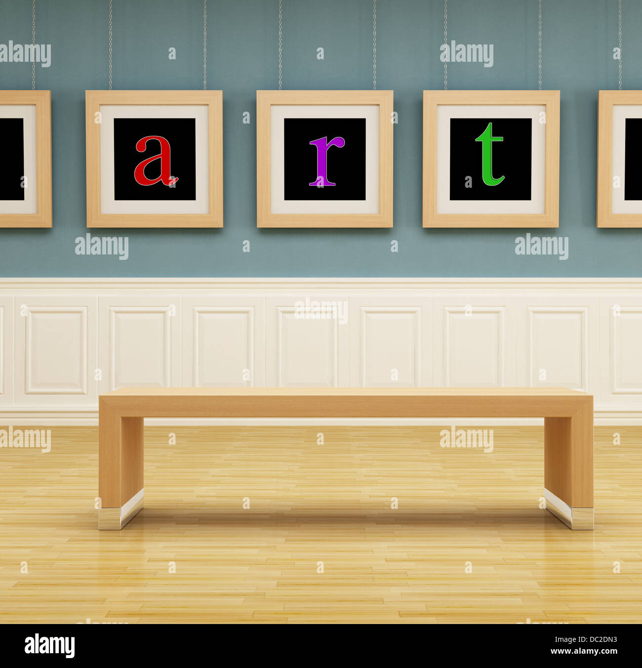 Contemporary art gallery with wooden bench - rendering Stock Photo - Alamy
