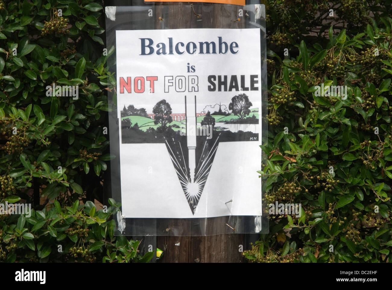 Balcombe West Sussex UK. Anti fracking poster in hedge in village of ...