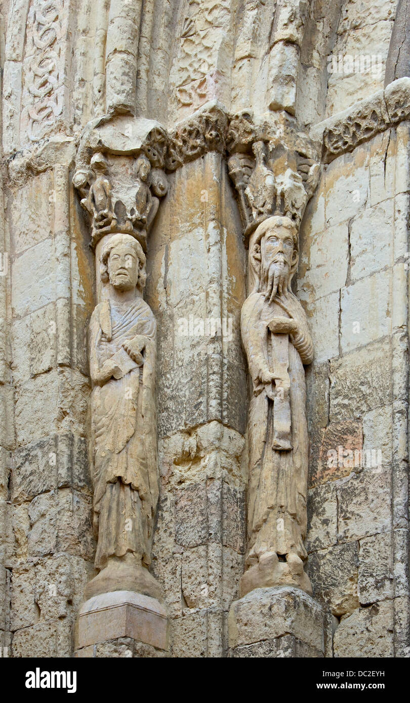 The romanesque statues, left of entrance of Church San Martin, Segovia ...