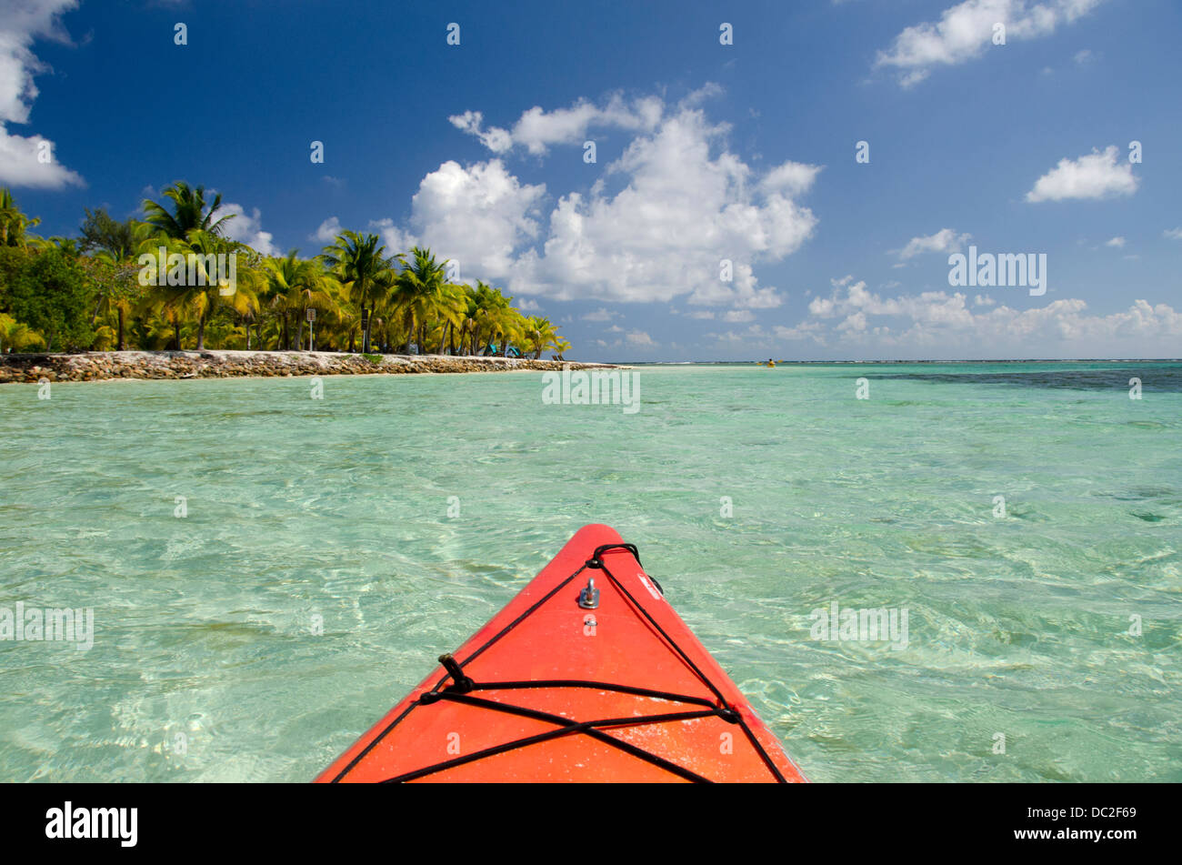 Belize, Caribbean Sea, Southwater Cay. Kayaking in the clear waters off ...