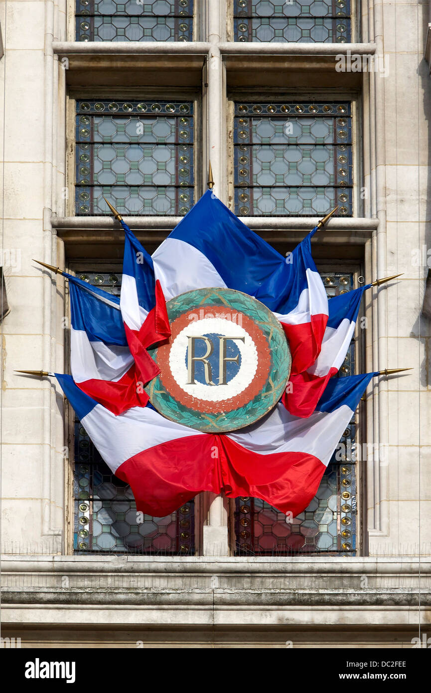 This image captures a window of the Town Hall of Paris decorated with ...