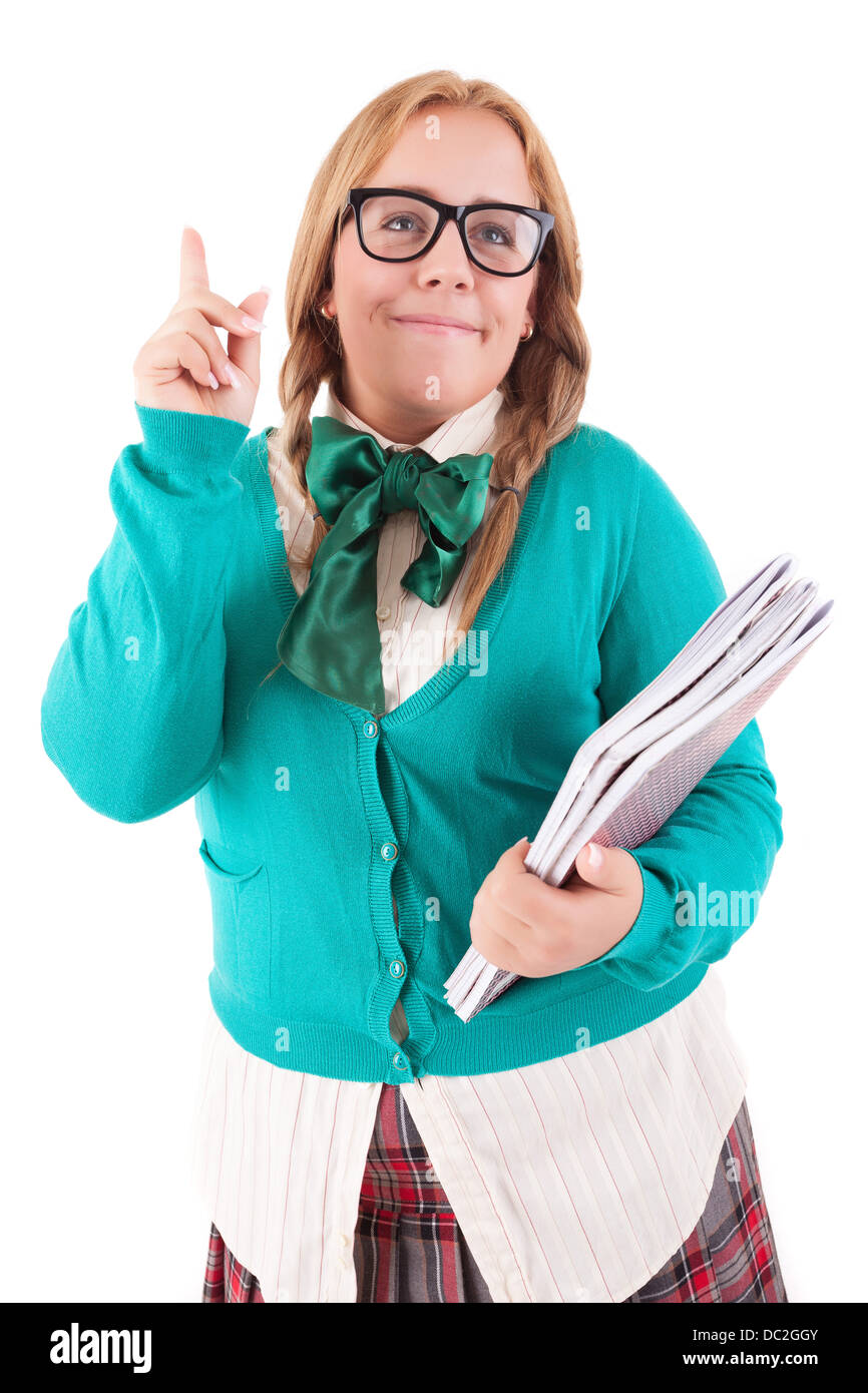 Silly nerd schoolgirl, posing over a white background Stock Photo - Alamy