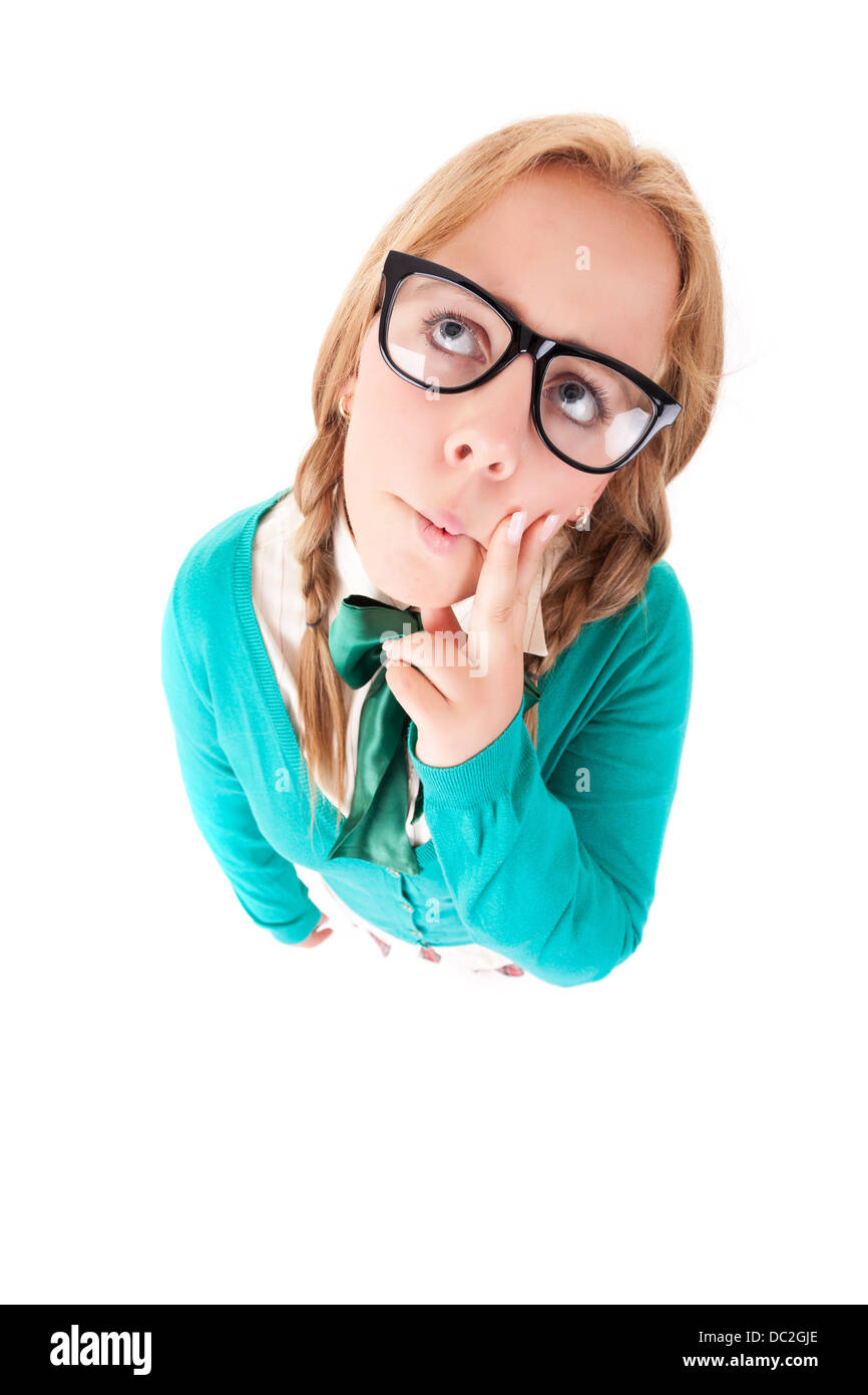 Silly nerd schoolgirl, posing over a white background Stock Photo - Alamy