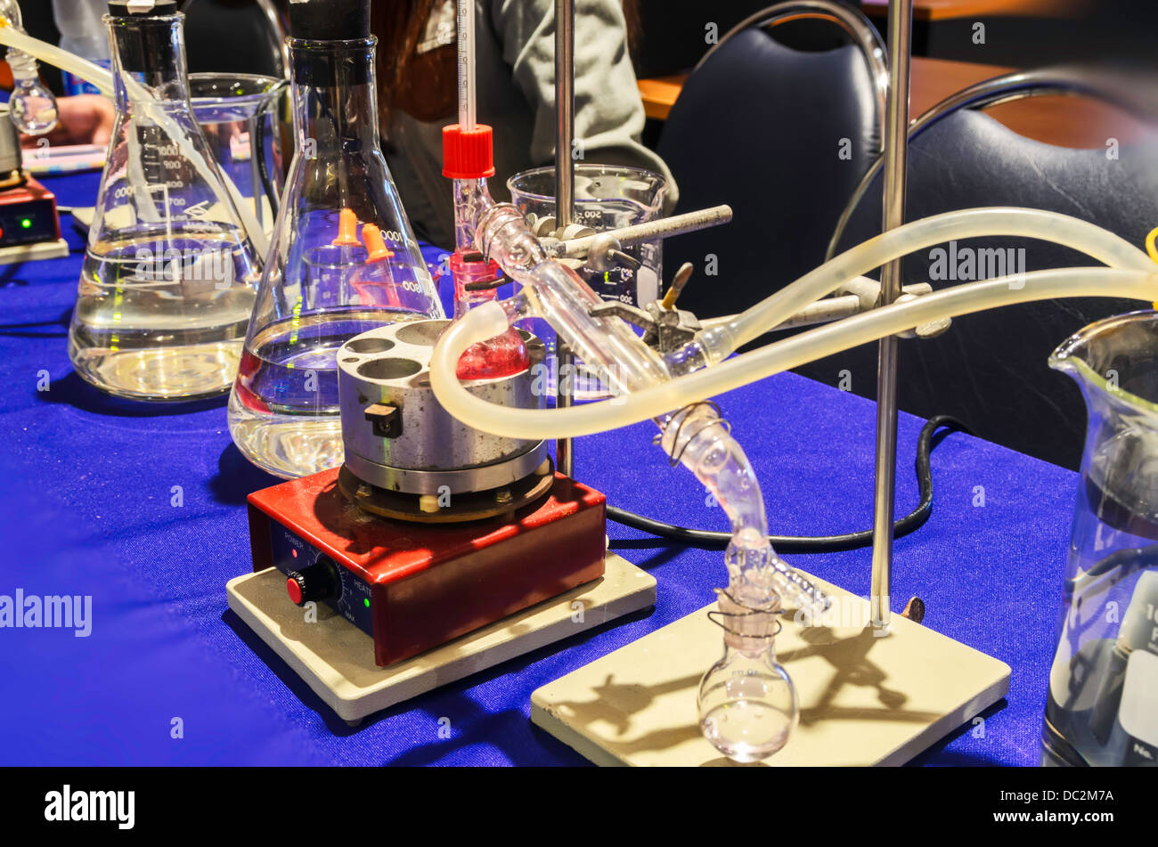 the experimental equipment on the blue table Stock Photo - Alamy