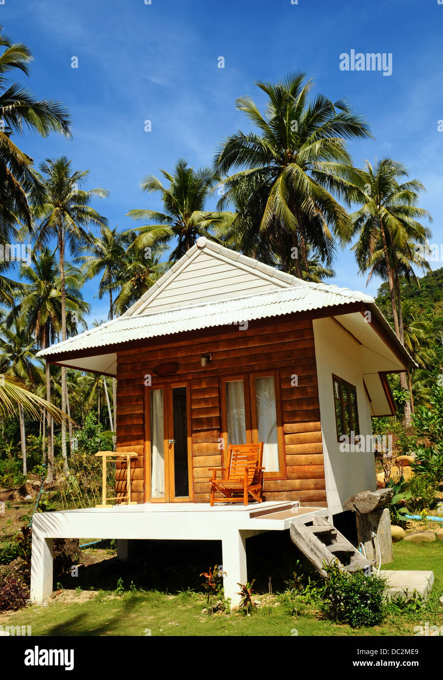 Bungalow and palm tree at tropical island Stock Photo - Alamy