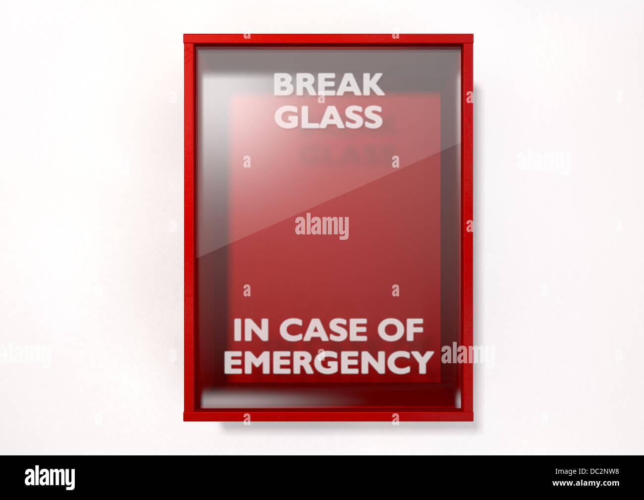 An empty red emergency box with an in case of emergency breakable glass ...