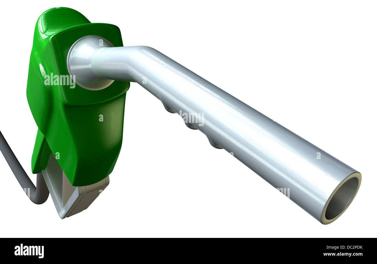 A regular green and metal fuel pump handle and nozzle on an isolated ...