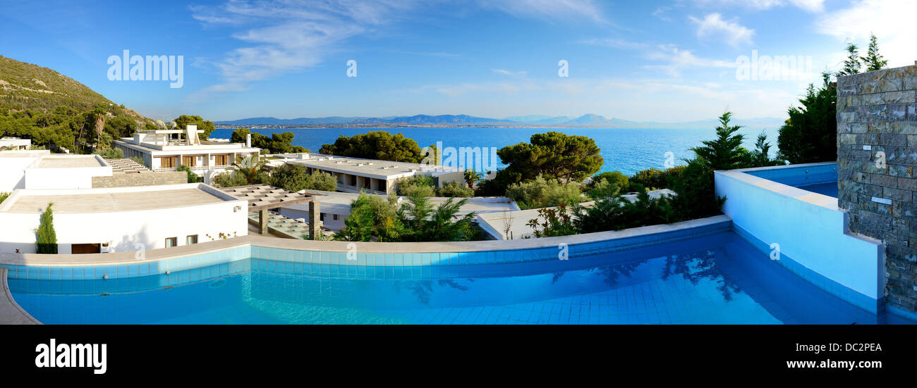 The panorama of sea view swimming pool in the luxury hotel, Peloponnes ...