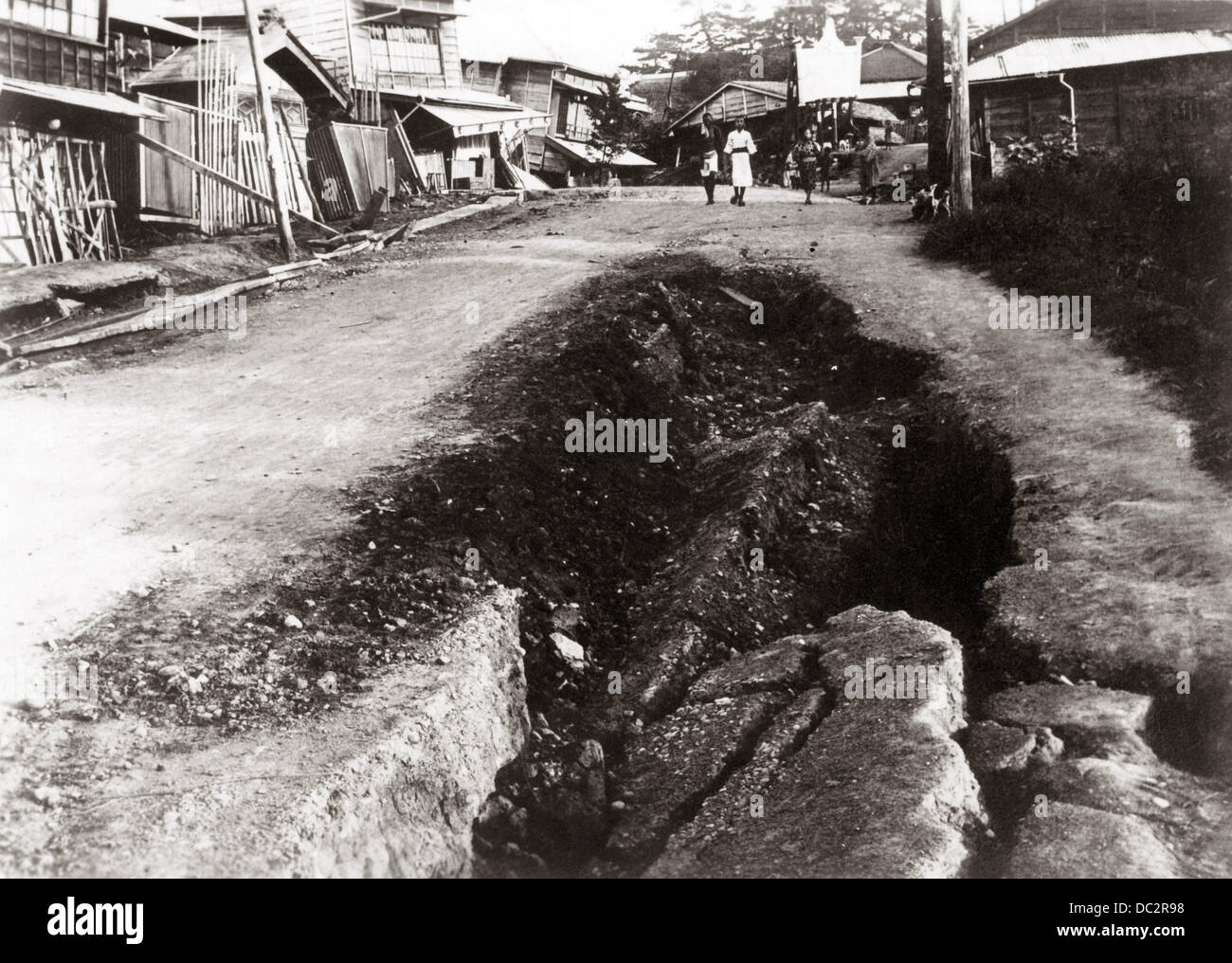 Damaged street in a village between Tokyo and Yokohama. The Kanto ...