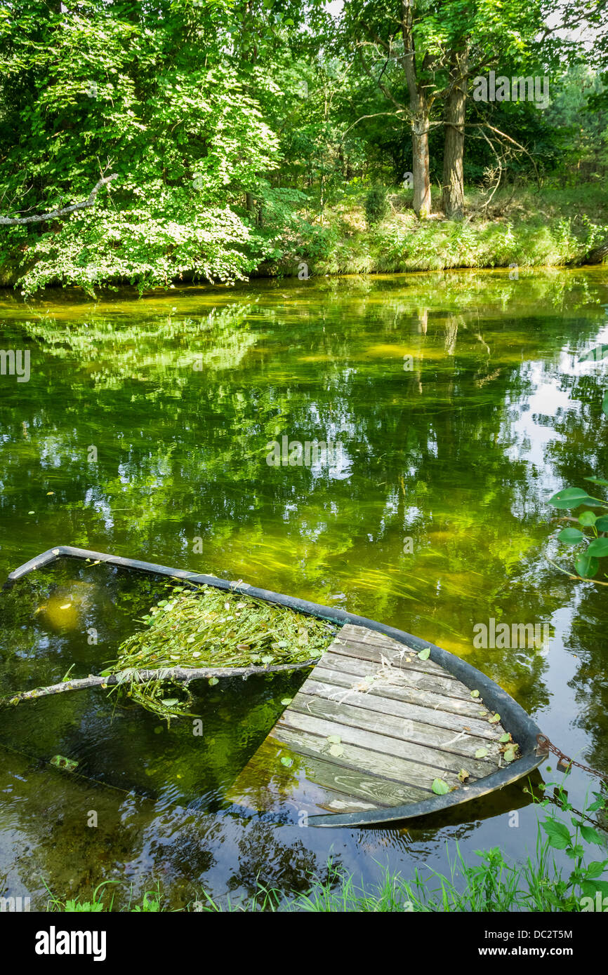 Damaged boat sunk by the river Stock Photo - Alamy