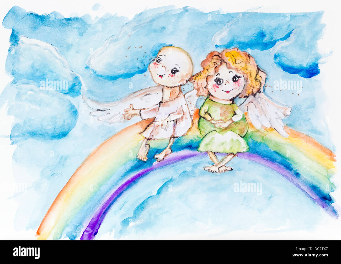 Funny rainbow angels kids on sky concept. Handmade watercolor painting ...