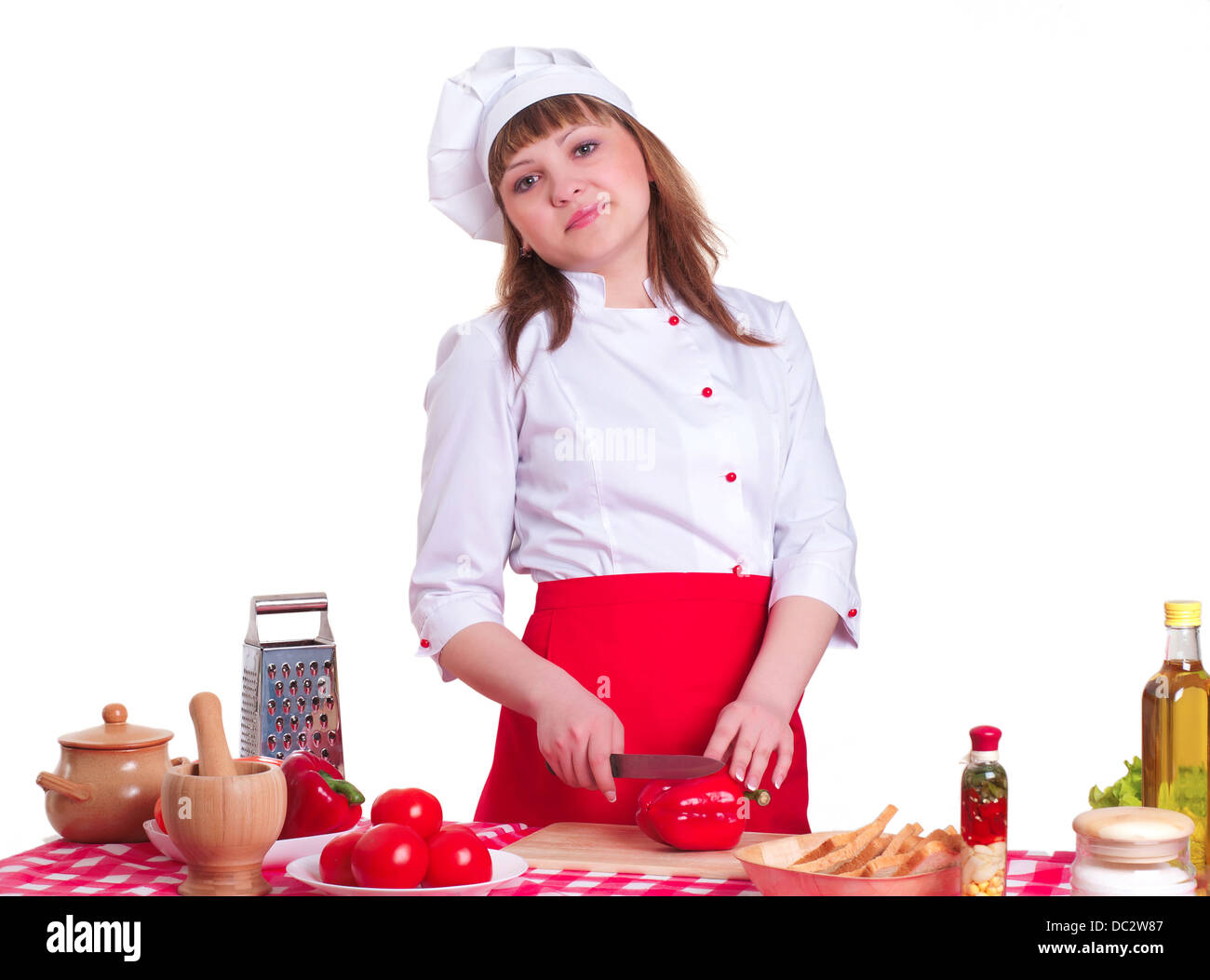 Attractive cook woman a over white background Stock Photo - Alamy