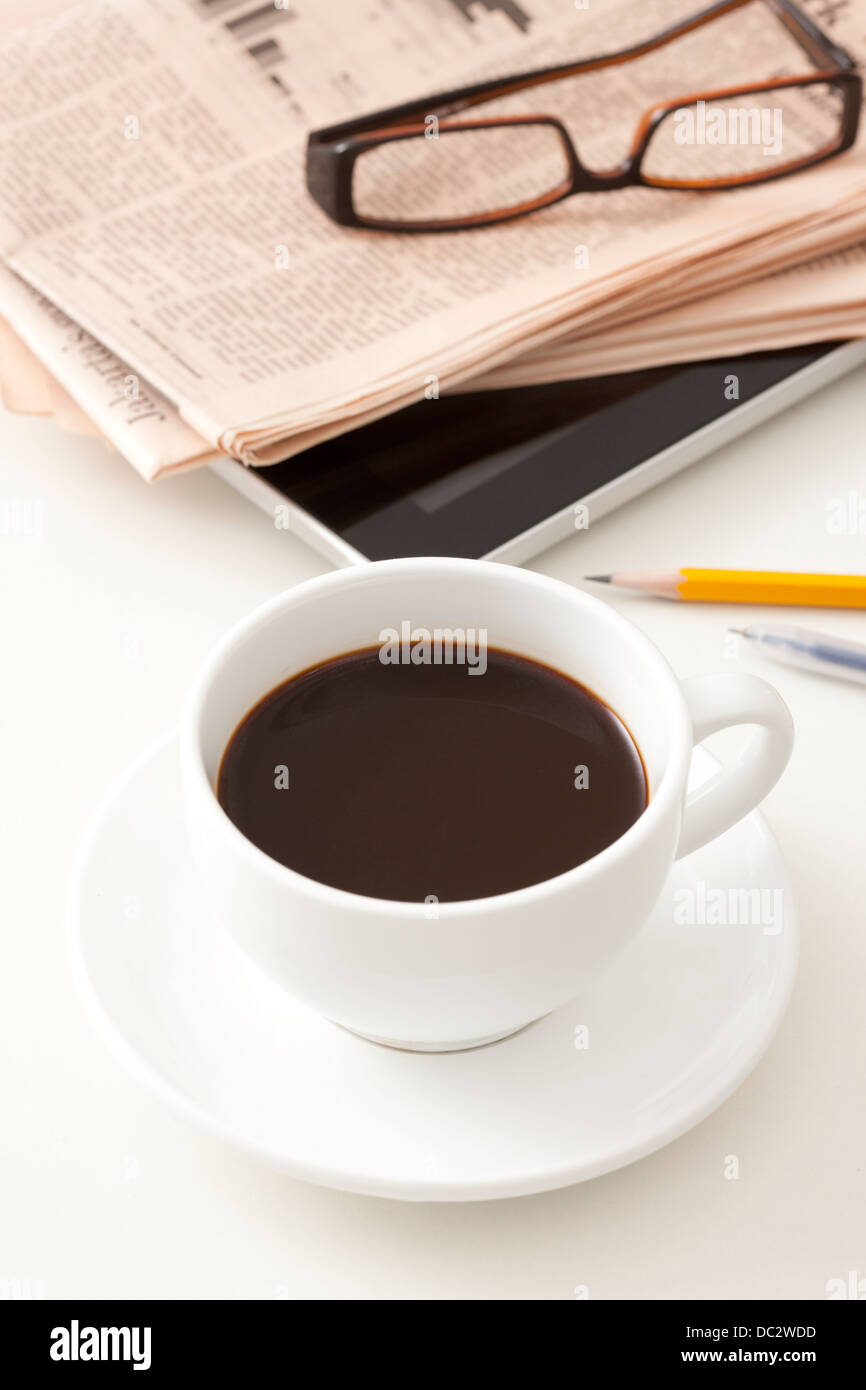 Office items and coffee on desk Stock Photo - Alamy