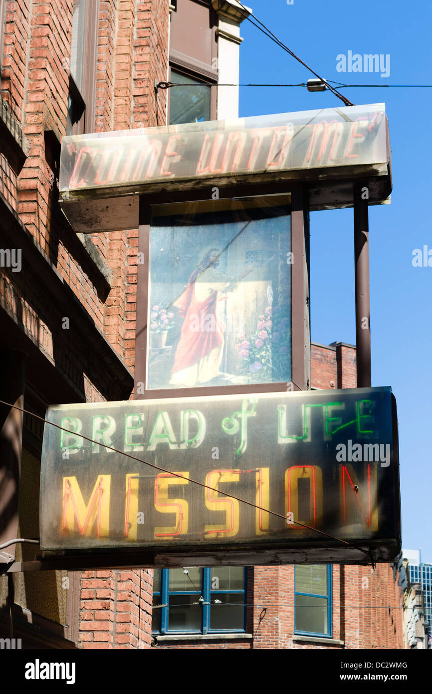 Sign outside the Bread of Life Mission in the Pioneer Square district ...