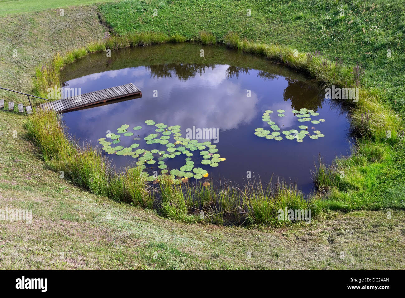 perfect round village pond with bridge and water lilies landscape Stock ...