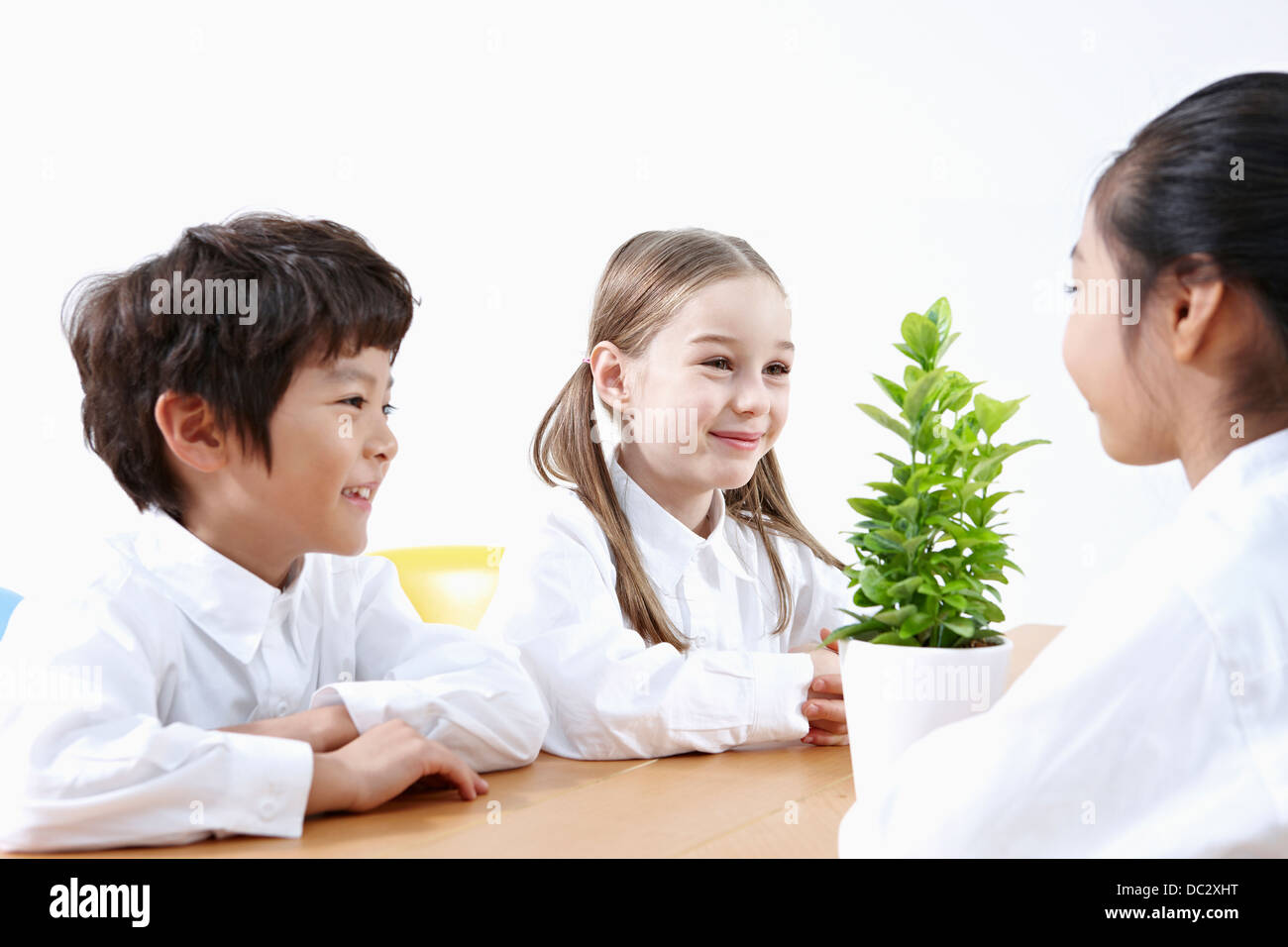 kids discussing while sitting at a table Stock Photo - Alamy