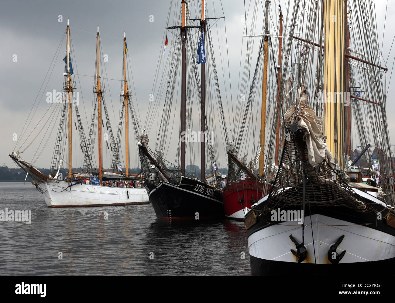 Historical ships lie at the city harbour of Rostock only a few hours ...
