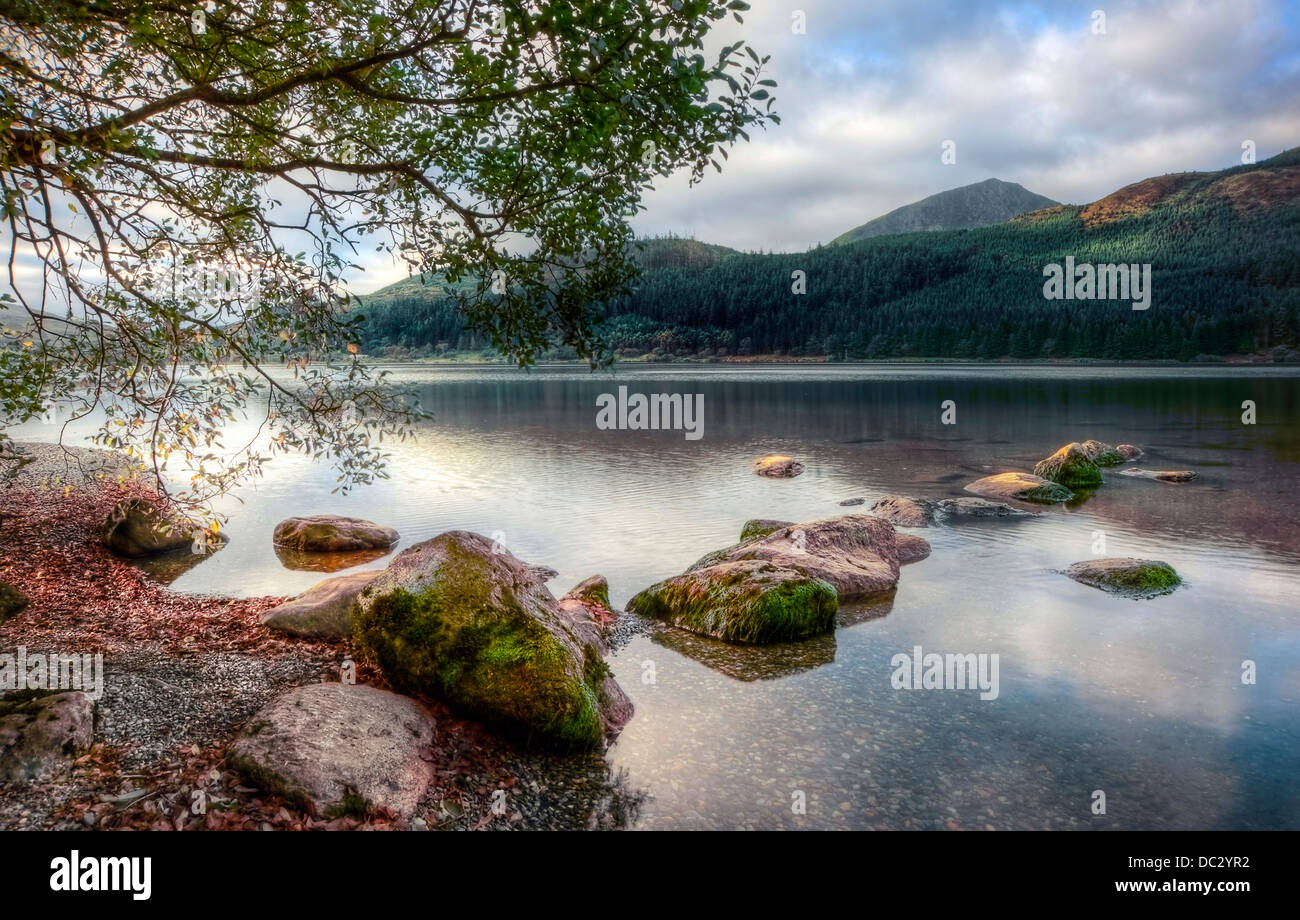 View over Llyn Cwellyn towards mountains in distance in Snowdonia ...