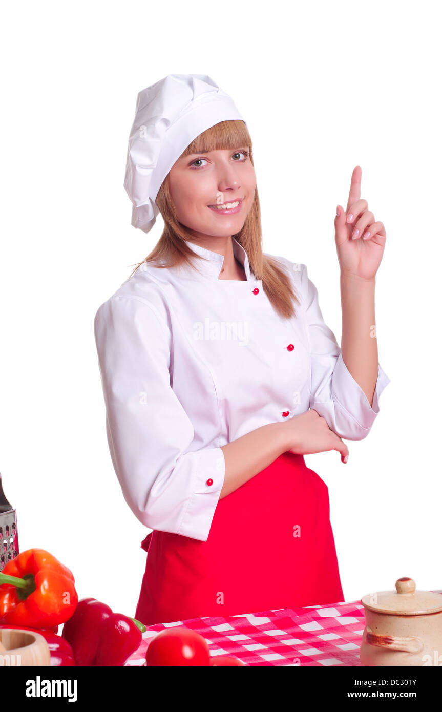 Attractive cook woman a over white background Stock Photo - Alamy