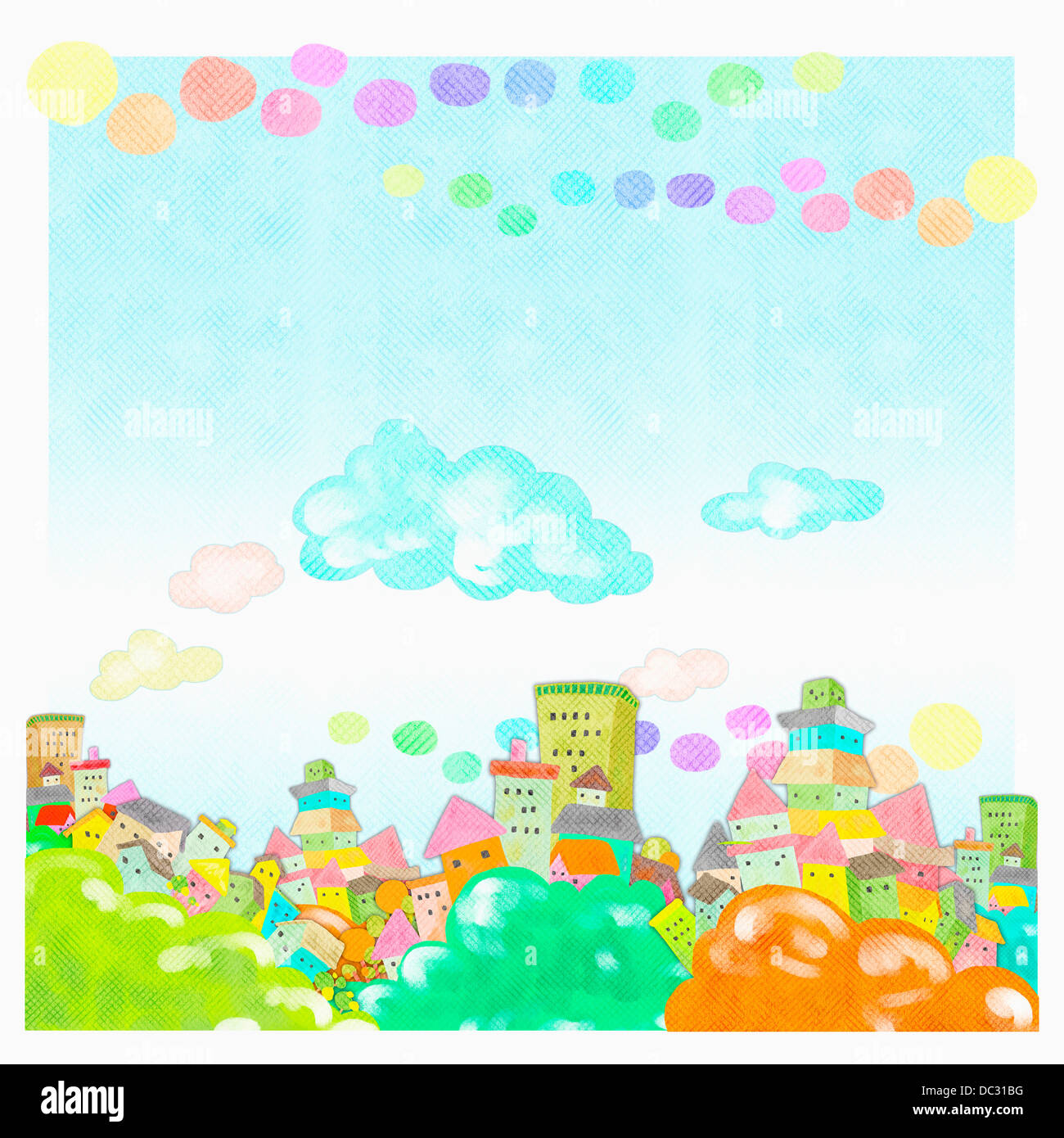 illustration of colourful town with clouds Stock Photo - Alamy
