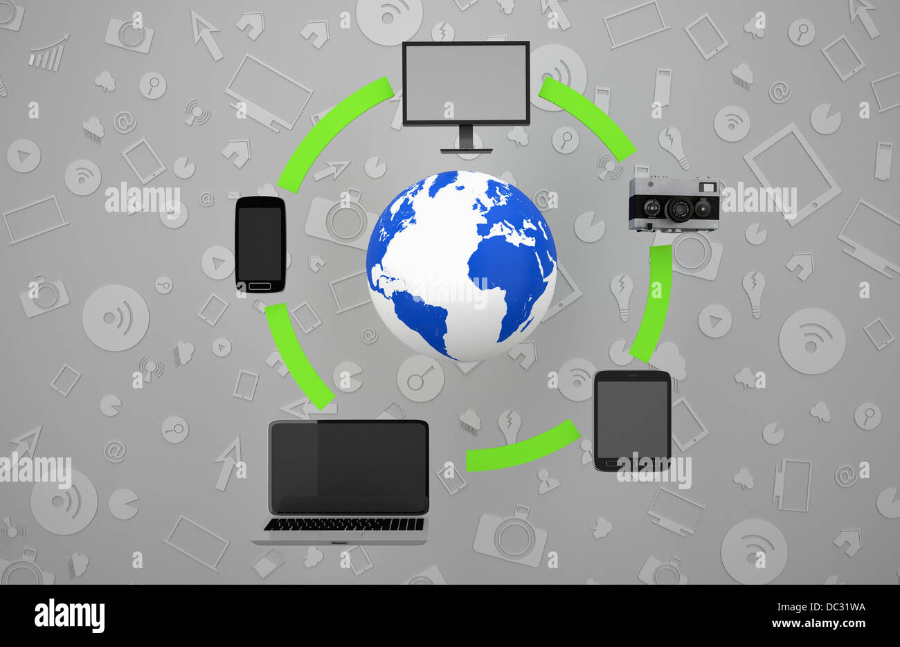 different devices surrounding a globe Stock Photo - Alamy